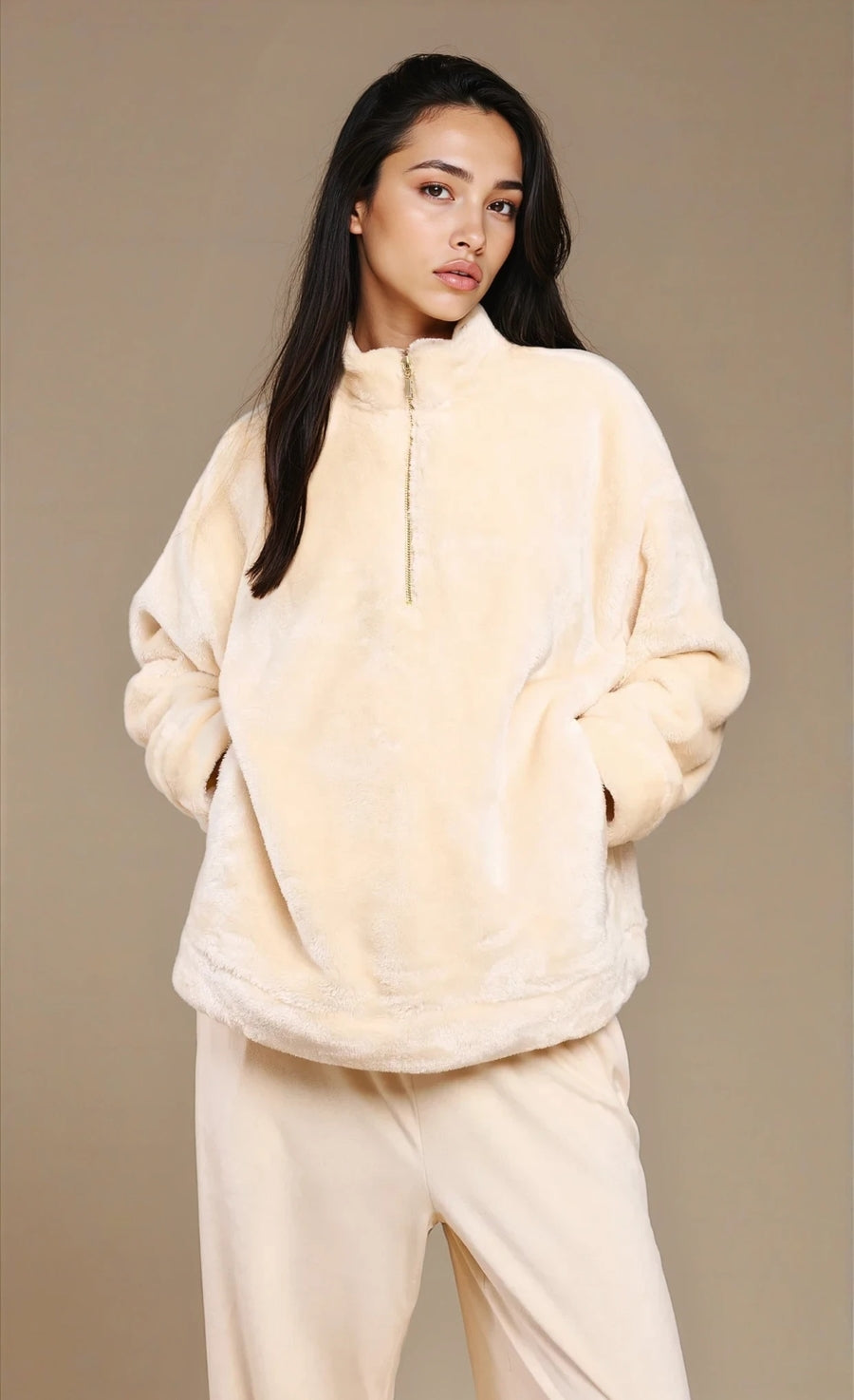 Cream Fleece Half Zip Jumper by Vicky Pattison | Little Mistress UK